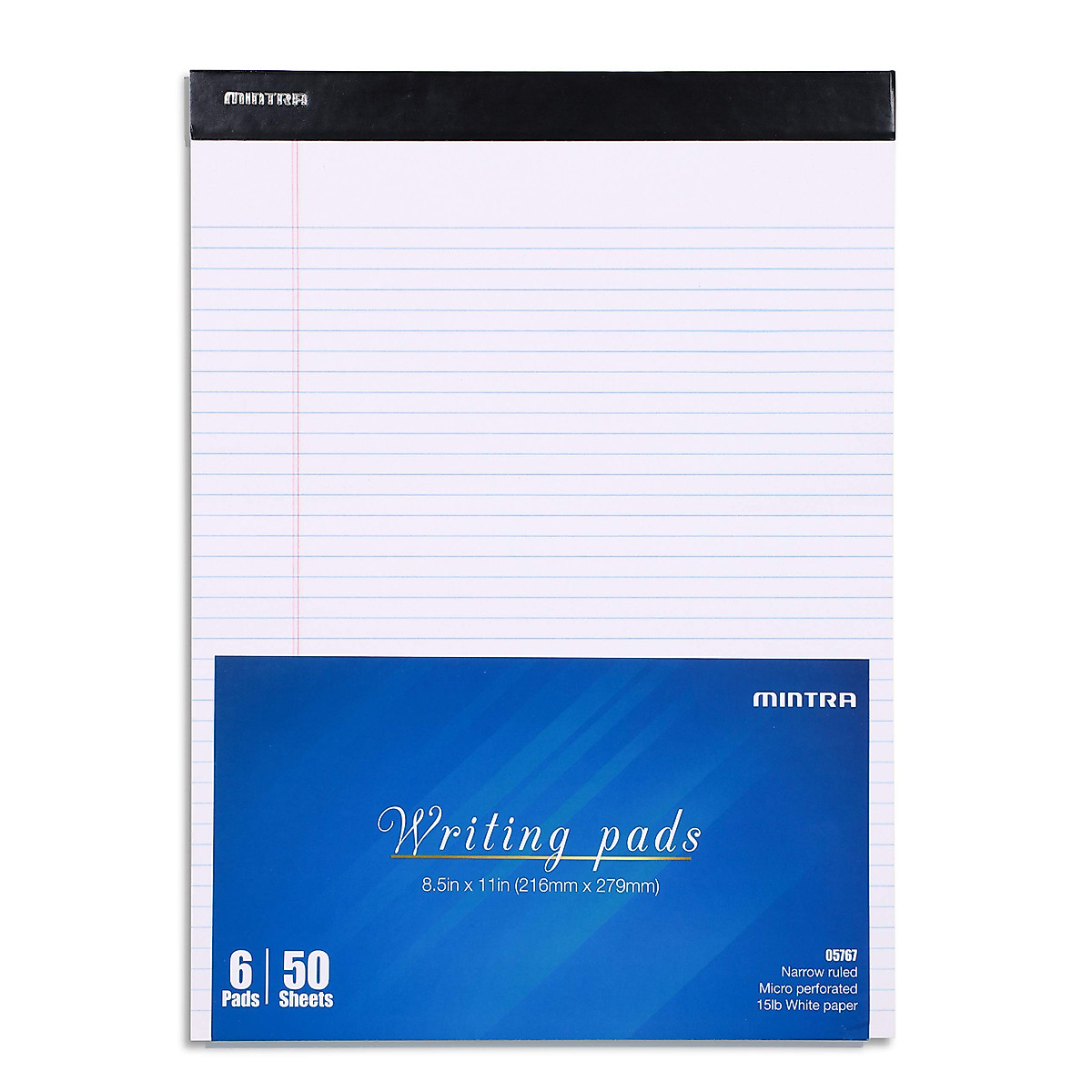 Mintra Office Legal Pads - ((BASIC WHITE 6pk, 8.5in x 11in, NARROW RULED)) - 50 Sheets per Notepad, Micro perforated Writing Pad, Notebook Paper for School, College, Office, Business