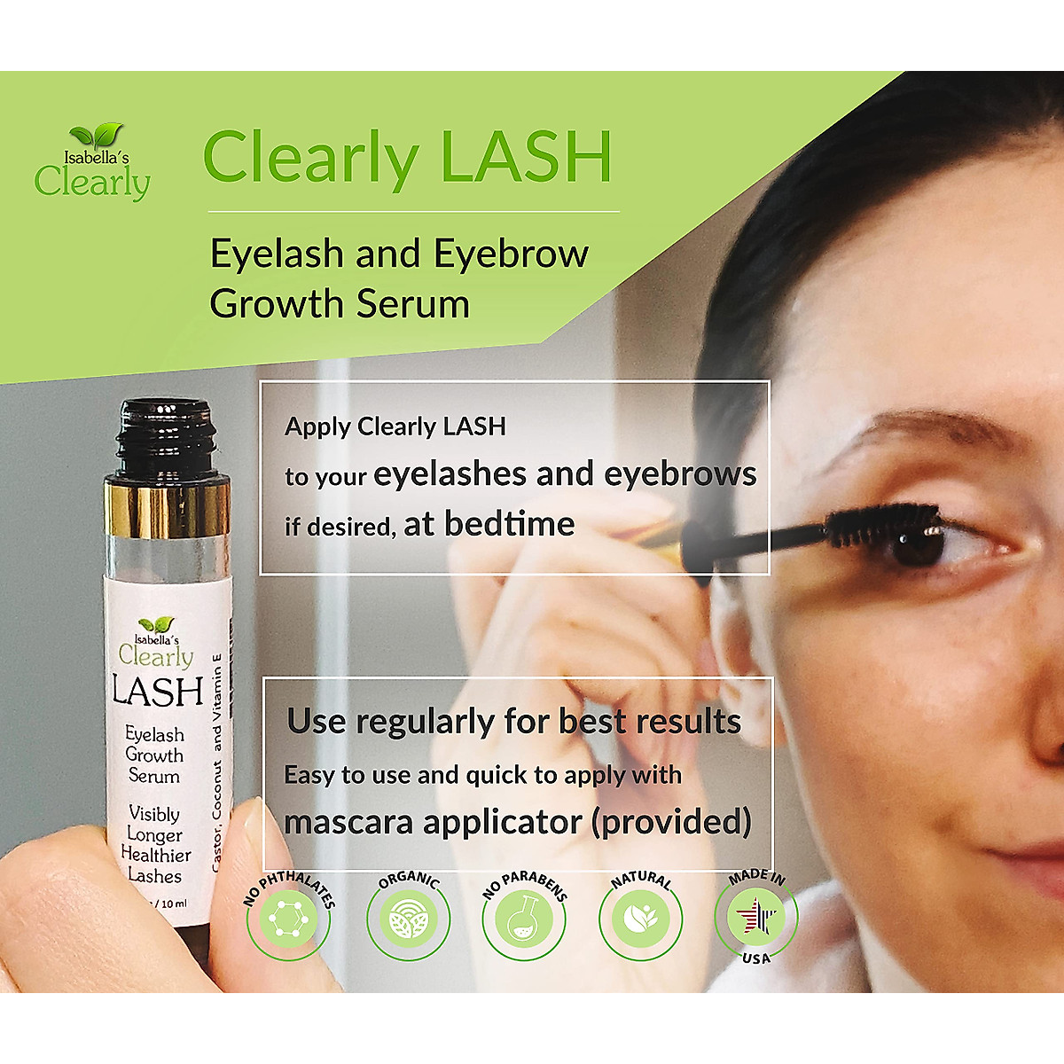 Clearly LASH, Natural Eyelash Growth Serum for Longer, Fuller Enhanced Lashes and Brows with Castor Oil + Vitamin E | Irritation Free and Paraben Free