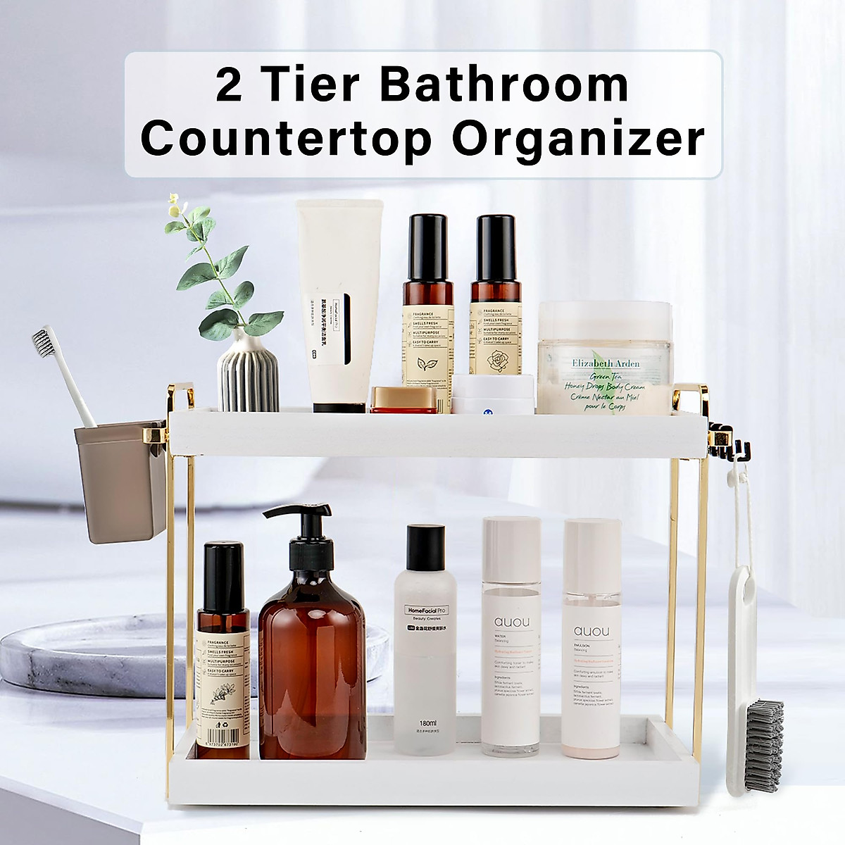 2-Tier Bathroom Counter Organizer, Countertop Perfume Tray and Vanity Organizer, Cosmetic Organizer Countertop, Wood Tray for Kitchen Counter Storage, Bathroom and Skincare Organization - White