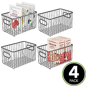 mDesign Metal Farmhouse Kitchen Pantry Food Storage Organizer Basket Bin - Wire Grid Design - for Cabinet, Cupboard, Shelves, Countertop, Closet, Bedroom, Bathroom - 10" Long, 4 Pack - Graphite Gray