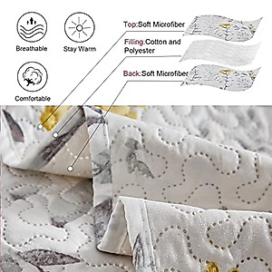 Quilt Set Queen Floral Bedspread Coverlet Queen Floral Quilts Bedding Spring Summer Lightweight Quilts Bedspread Reversible Bedding Grey Leaf Yellow Floral Quilt Collection Bedspread with Pillow Shams
