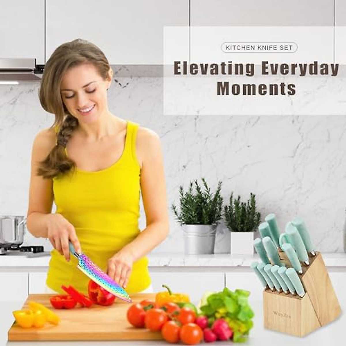 Kitchen Knife Set Non Stick Knives with Wood Storage, Serrated Steak Knife, Chef Knife, Scissors with Sharpener, 15Pcs Ultra-Sharp Cutlery Block Sets for Home & Pro Use Best Gift (Teal)