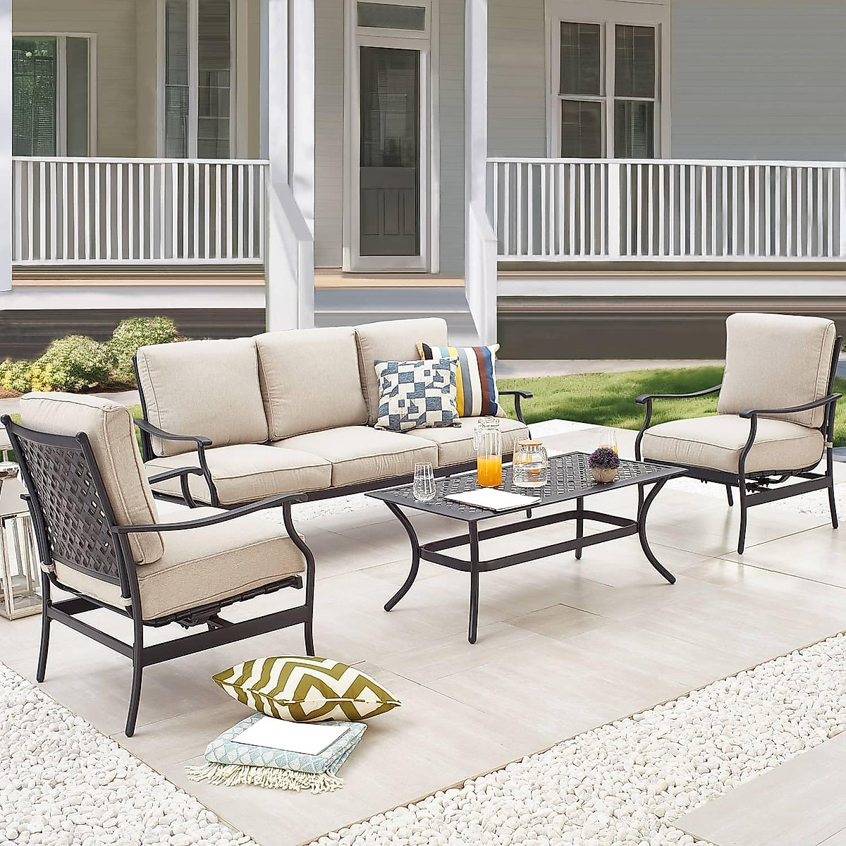 PatioFestival Patio Conversation Set 4Pcs Cushioned Outdoor Furniture Sets with All Weather Galvanized Steel Frame (Beige)