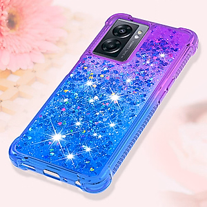 CAIYUNL for Oneplus Nord N300 5G Case with Tempered Glass Screen Protector,Glitter Bling Floating Liquid Women Girls Cute Phone Case Soft TPU Protective Cover for Oneplus Nord N300 5G-Purple Blue