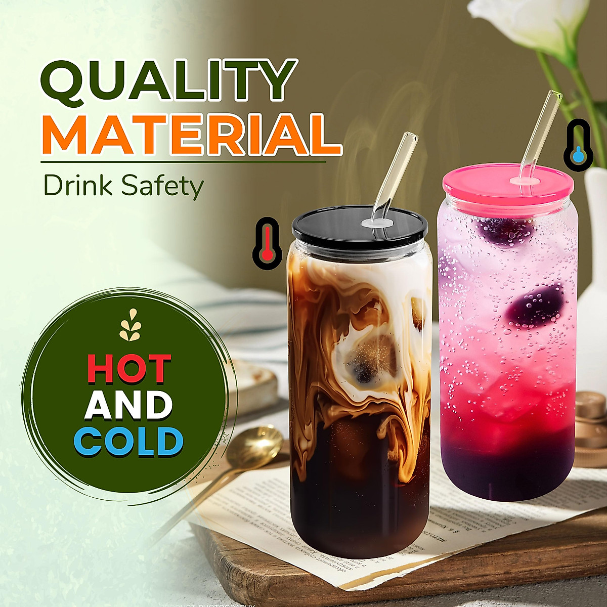 Joyclub 20 oz Glass Cups with Acrylic Lids and Straws 8pcs Can Shaped Glass Iced Coffee Cups with Lids, Drinking Jar Glasses Cute Tumbler Cup Great for Smoothie Soda Boba Tea Cocktail Beer Gift