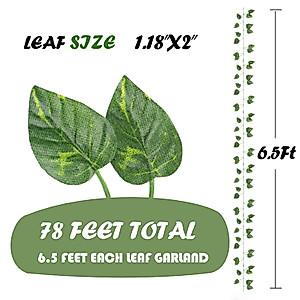 Flojery 78Ft 12pcs Silk Artificial Ivy Vine Hanging Leaves Plant Greenery Decor Party Home Garden Wedding Wall Decor (Scindapsus)