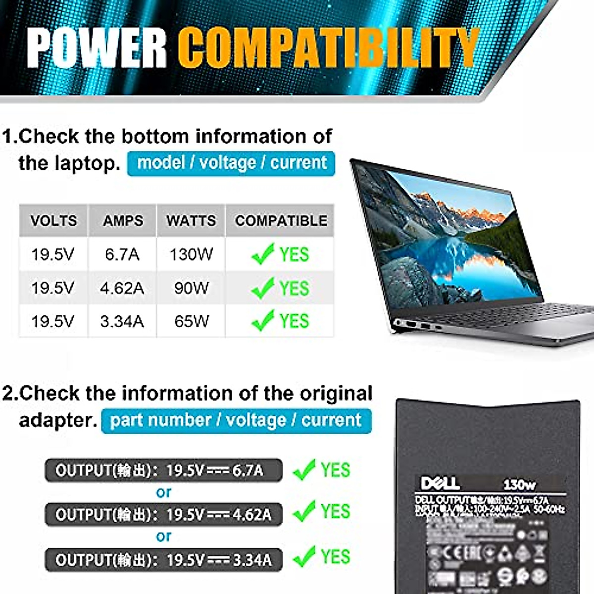 Original Replacement New Dell 130W 7.4mm Tip AC Adapter Charger for PA-4E LA130PM121 DA130PE1-00 JU012 CM161 Dell Inspiron 15 7000 7559 Dell G3 G5 Charger dell d6000 Docking Station Laptop Power Cord