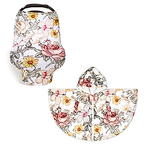 HNHUAMING Floral Baby Car Seat Cover Girls, Infant Carseat Canopy, Floral Baby Poncho for Girls, Toddler Minky Wear Hooded Warm Winter Outerwear Capes Poncho Coat With Zipper