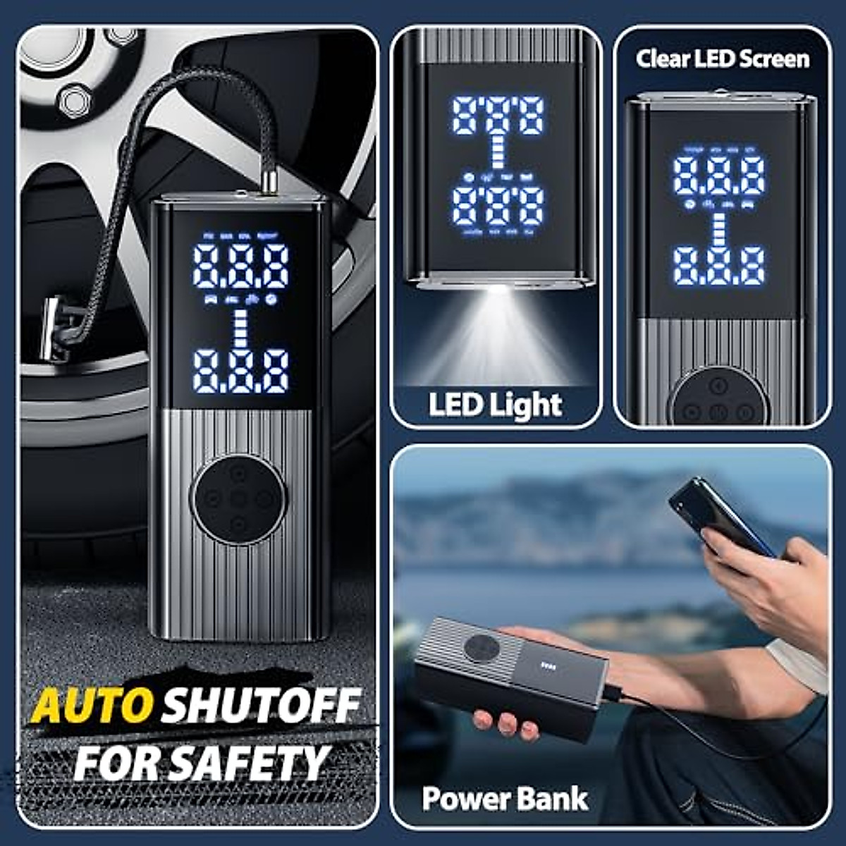 Air Compressor, EnjoyNest Portable Tire Inflator Air Pump for Car Tires (Real 9000mAh &150PSI) Faster + Powerful + Enduring Car Accessories with Digital Screen for Cars, Bike, Inflatables, Balloons