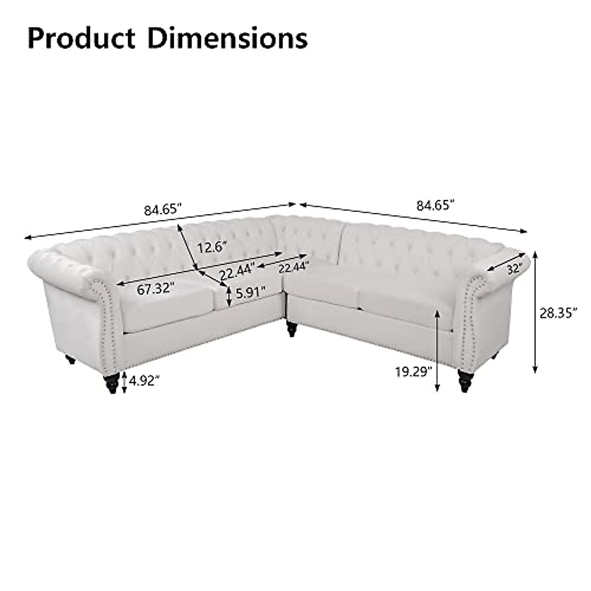 RARZOE Chesterfield L Shaped Sectional Sofa Couch, Deep Button Tufted Velvet Upholstered Rolled Arm Classic Chesterfield Settee Sofa, Modern 5 Seater Couch Furniture for Living Room, White