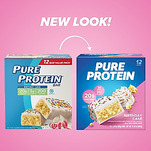 Pure Protein Bars, High Protein, Nutritious Snacks to Support Energy, Low Sugar, Gluten Free, Birthday Cake, 1.76 oz, Pack of 12 (Packaging May Vary)