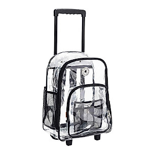 NiceAndGreat Rolling Clear Backpack Heavy Duty Bookbag Quality See Through Workbag Travel Daypack Transparent School Book Bags with Wheels Black