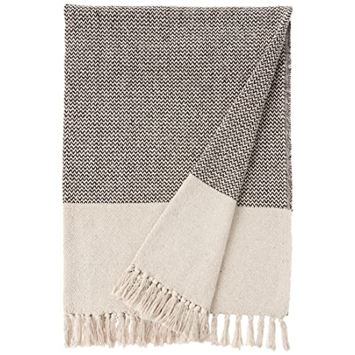 Bloomingville A14208833 Grey & Cream Cotton Knit Throw with Fringe