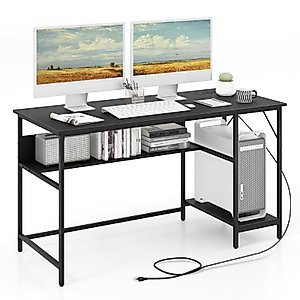 Tangkula 48 Inch Computer Desk with Power Outlet & USB Ports, Home Office PC Workstation with Storage Shelf, Stable Metal Frame, Vintage Writing Desk for Living Room, Office (Rustic Brown)