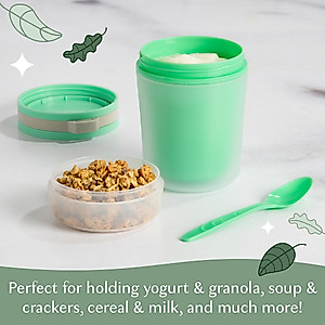 Goodful Double Wall Insulated Yogurt Container, Leak Proof Food Storage, Snack Container with Reusable Plastic Spoon, Microwave Safe, Dishwasher safe, Freezer Safe, 14-Ounce, Green