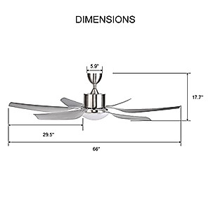reiga 66" Modern Sleek Ceiling Fan with Dimming Light and APP Remote Control, 6 Matt Sliver Blades Reversible DC Motor for Kitchen, Bedroom, Patio