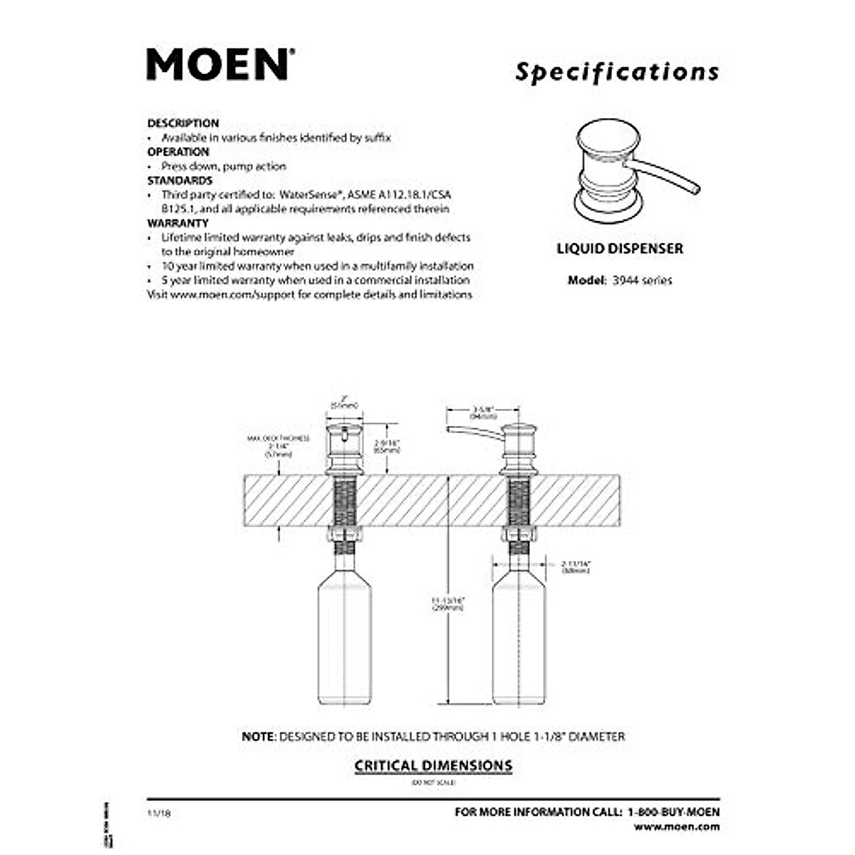 Moen Spot Resist Stainless Deck Mounted Kitchen Soap Dispenser with Above the Sink Refillable Bottle for Kitchen Sink, 3944SRS