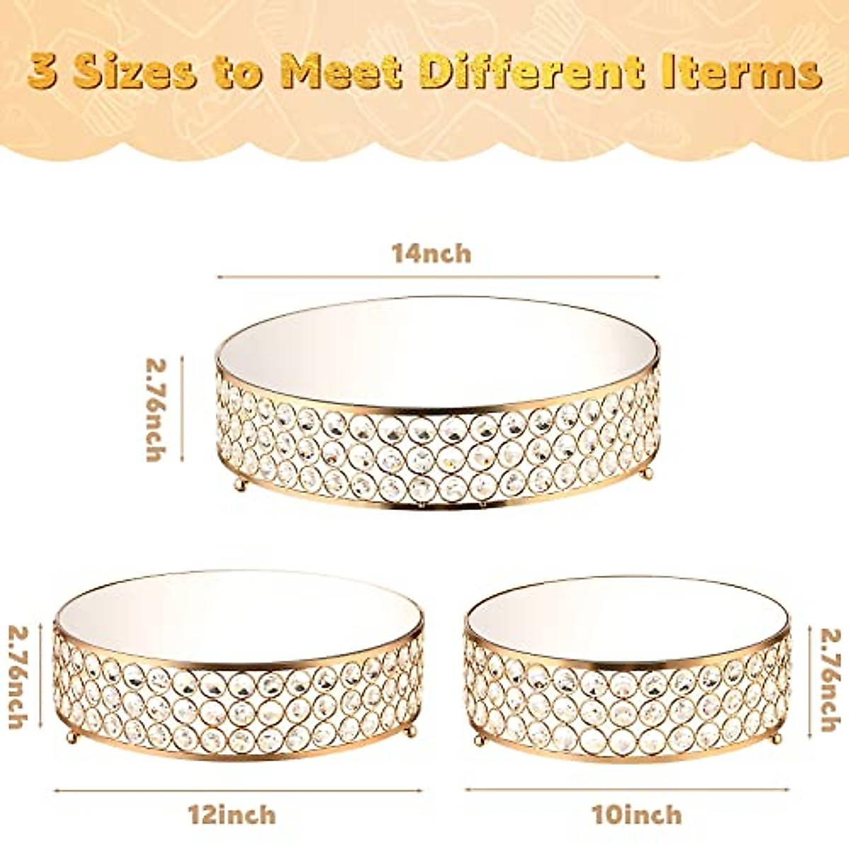 3 Pieces Crystal Beads Cake Stand Set Round Gold Plated Cupcake Stand Holder with Mirror Crystal Dessert Display Stand Cookies Fruit Serving Tray for Wedding Birthday Party Supplies, 10/ 12/ 14 Inches