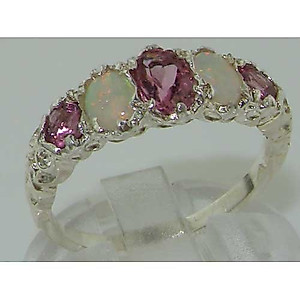 LetsBuyGold 925 Sterling Silver Real Genuine Pink Tourmaline and Opal Womens Band Engagement Ring - Size 6