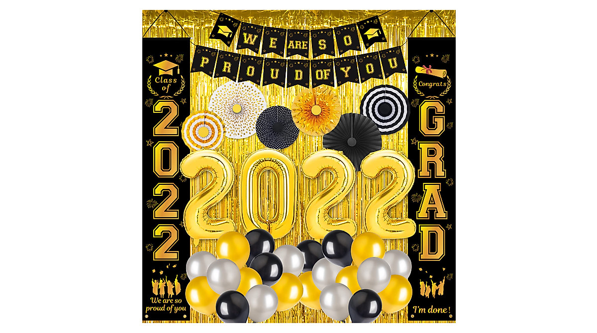 2022 Graduation Decorations Kit - Black & Gold Party Supplies