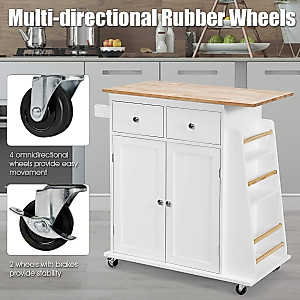 Giantex Kitchen Island Cart, Rolling Wood Trolley with Storage Cabinet, Towel Handle, 2 Drawers, Side Spice Rack and Wine Bottle Rack, Kitchen Cart on Wheels, Rubber Wood Countertop (White)