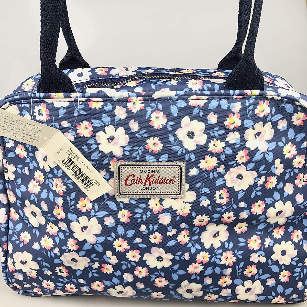 Cath Kidston DEMatt Oilcloth Busy Bag Handbag Water Resistant Crossbody Tote Island Flowers Pattern Navy Color