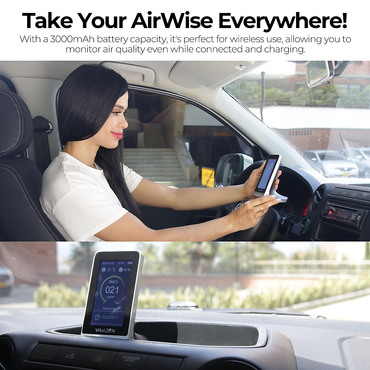 VitaliZEN Airwise Indoor Air Quality Quality Monitor, Portable, for Real-Time PM2.5, PM1.0, CO2, PM10, Volatile Compounds, TVOC, Formaldehyde, Temperature, and Humidity. Compatible with Android & iOS