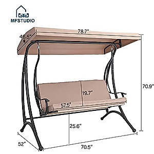MFSTUDIO 3 Seat Patio Porch Swing, Outdoor Adjustable Canopy Swing Glider with Removable Cushion for Patio, Garden, Poolside, Balcony, Backyard (Beige)