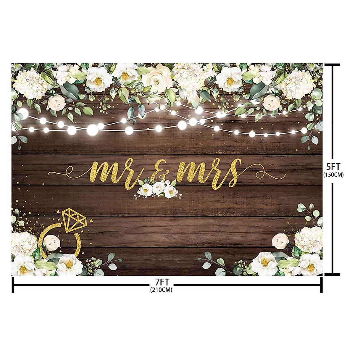 AIBIIN 7x5ft Mr & Mrs Backdrop for Wedding Bridal Shower Rustic Wooden White Flowers Photography Background Wedding Bachelorette Party Decirations Banner Photo Booth Props