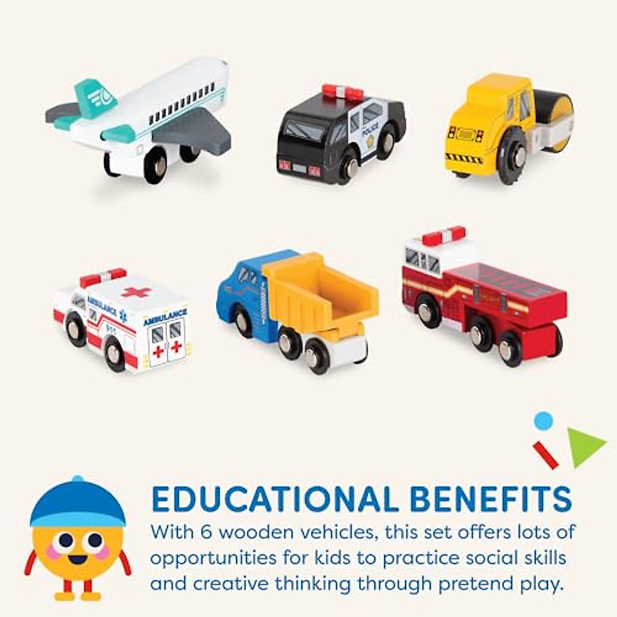 Battat – Miniature Toy Cars – 6Pcs Wooden Minis – Classic Rescue & Construction Vehicles – Steamroller, Dump Truck – 3 Years + – Wooden Vehicles Set 2