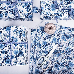 100 Sheets Blue White Floral Tissue Paper, Chinoiserie Style Gift Wrapping Paper Peony Printed DIY Art Craft Paper for Wedding Birthday Bridal Shower Party Favors, 20 x 14 Inch