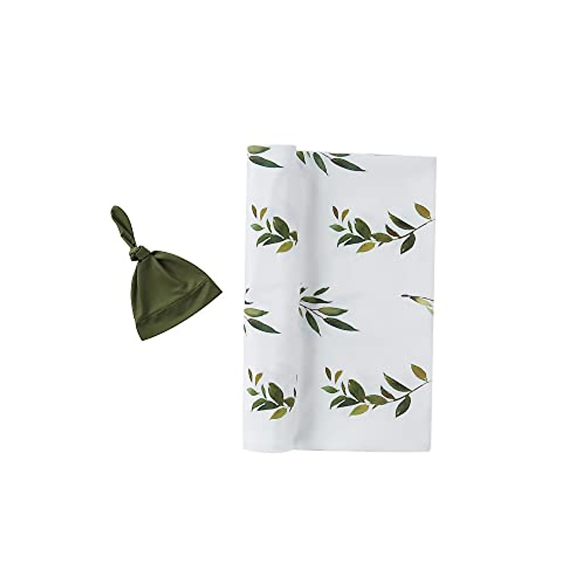 Little Jump stretchy baby Swaddle Blanket and Hat Bow Set, Olive Branches Jersey Cotton Receiving Blanket, newborn hospital outfit for Boys (Green)