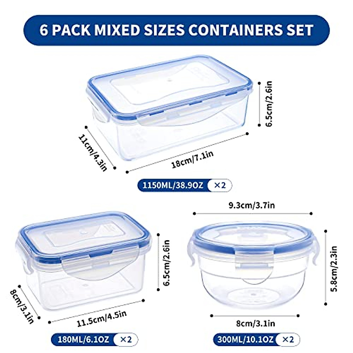 KIGI [6 PACK] 38.9OZ/10.1OZ/6.1OZ Mixed Sized Food Storage Containers Set with Lid Airtight Meal Prep Containers Leak-Proof Bento Box,BPA FREE,Microwave Safe