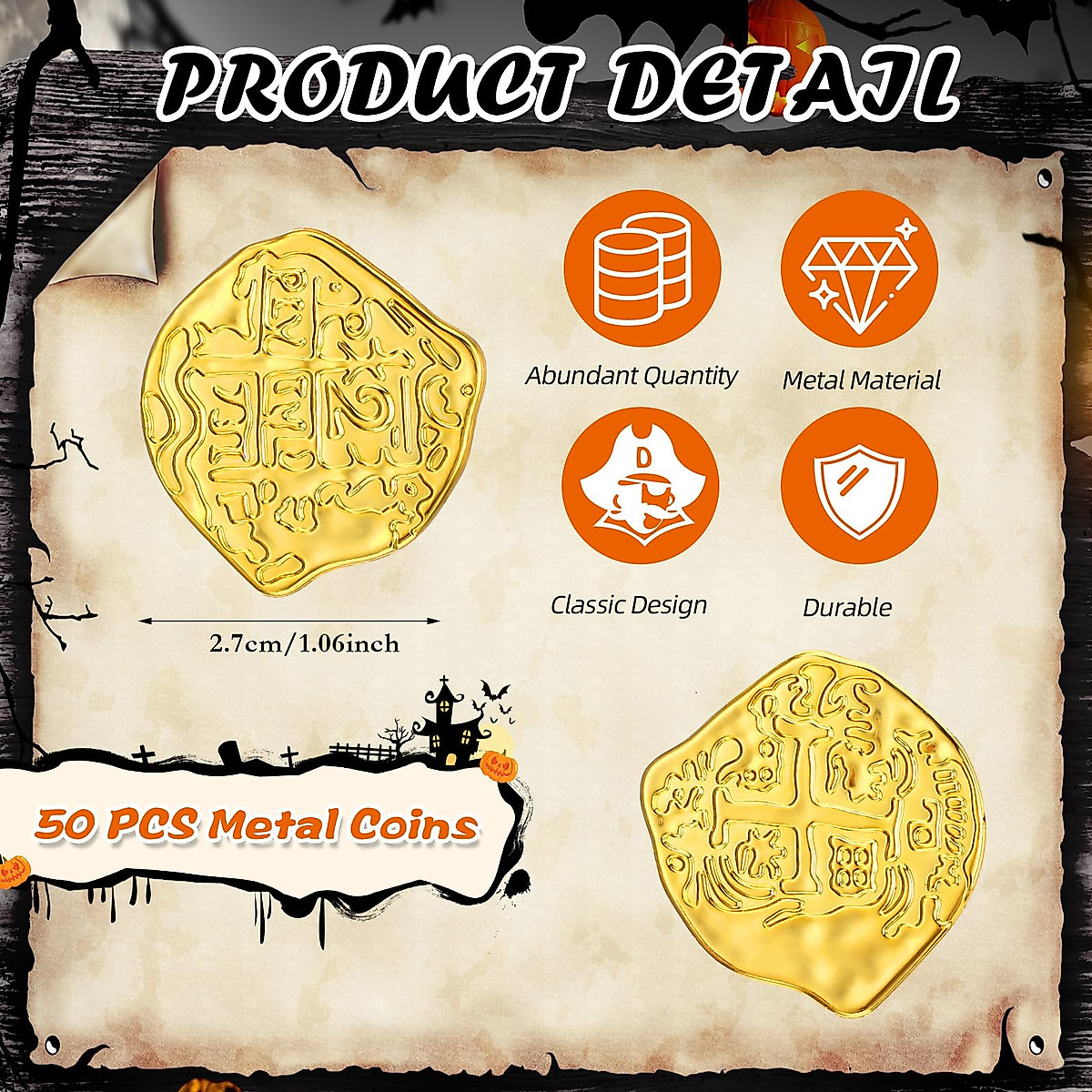 Hanaive 50 Pcs Metal Pirate Coins Spanish Doubloon Replicas Pirate Treasure Metal Tokens Fake Play Coins for Kids Board Games Pirate Party Cosplay (Gold)