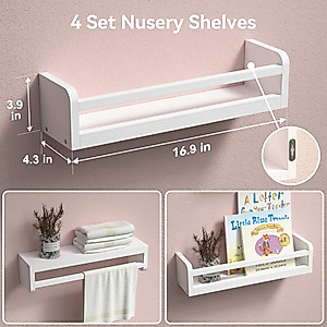 Boswillon Dual-Guard Nursery Book Shelves Set of 4, Wood Floating Shelves for Nursery Room Wall Decor, Wall Mount Kids Bookshelf for Baby Bedroom Storage, Toddler Toy Hanging Wall Organizer - White