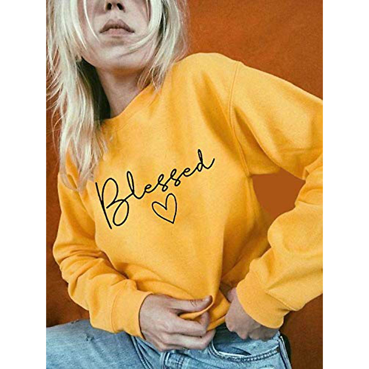 UNIQUEONE Blessed Sweatshirt for Women Letter Print Lightweight Thanksgiving Pullover Tops Blouse (Yellow, Large)