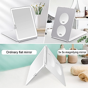 MIYADIVA Illuminated Makeup Mirror, 10 x 7.5 Inches, Foldable Design, 72 LED Light Beads, Adjustable Intensity, Rechargeable Battery, 3x and 5x Magnification, Tabletop Mount