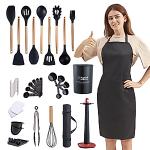 40 Pcs Cooking Utensils Set with Apron Silicone Turner Tong Spatula Spoon Kitchenware Organizer, BPA Free, Non-stick Heat Resistant Kitchen Gadgets Cookware with Natural Wooden Handle, Black