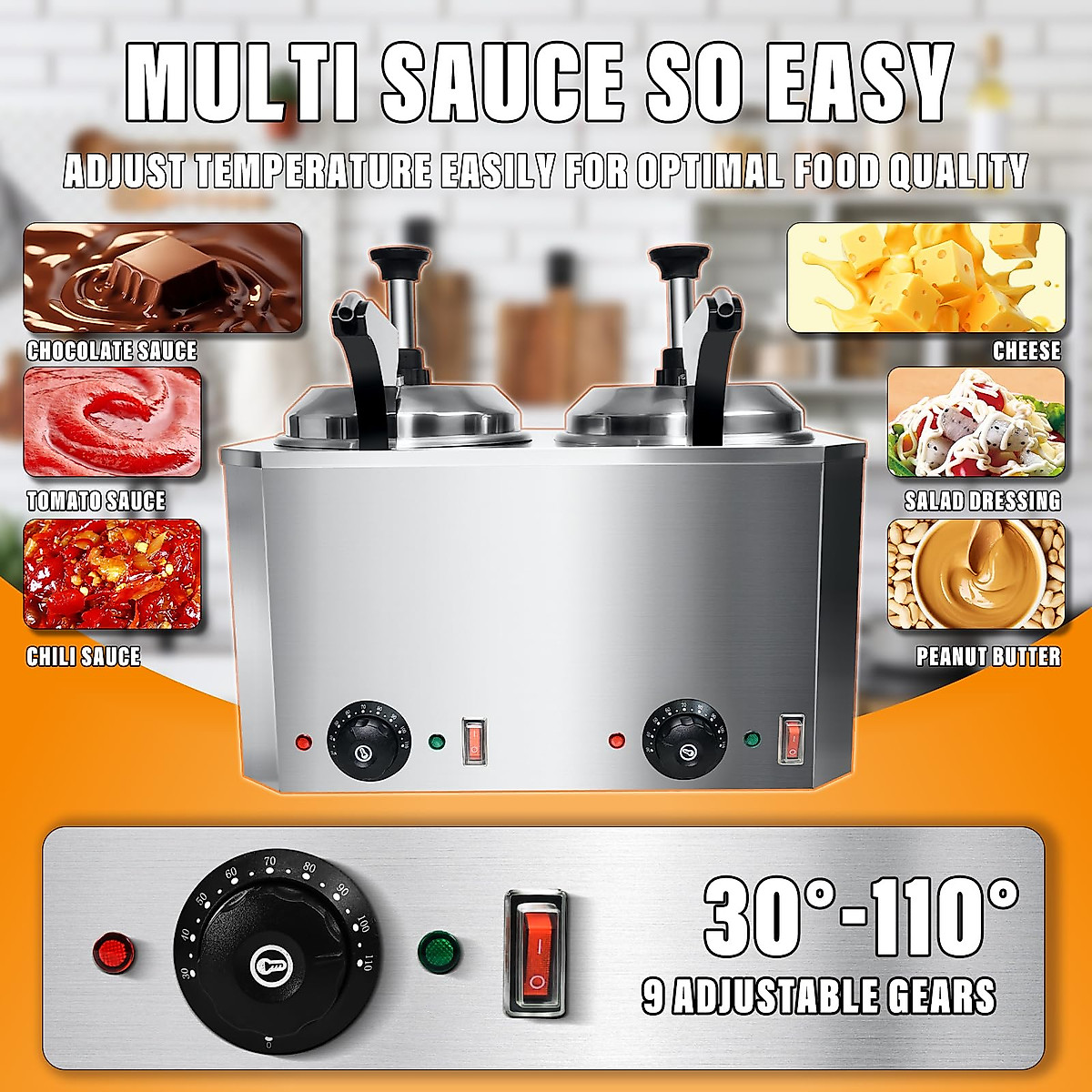 Nacho Cheese Dispenser, 4.8 QT Nacho Cheese Warmer, Stainless Steel Popcorn Butter Dispenser, with Pump 650W Nacho Cheese Machine, 30-110℃ Temp Adjustable, for Heating Caramel Cheese Chocolate