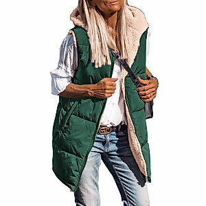 PRETTYGARDEN Womens 2025 Fall Reversible Vests Sleeveless Fleece Jacket Zip Up Hoodie Pockets Long Warm Winter Coat Outerwear (Dark Green,Large)