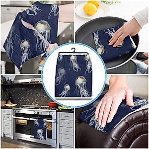 Chees D Zone Kitchen Towels Cotton Dish Towel,Ocean Jellyfish Sea Monster on Navy Blue Soft Dishcloth Absorbent Tea Towel,Marine Life Seamless Reusable Washable Hand Towels 2 Pack