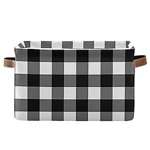 Black White Buffalo Plaid Storage Basket Collapsible Storage Bins Cubes Box Clothes Hamper Toy Chest Fabric Gift Baskets for Shelves Office Home Nursery Shoes with Leather Handles