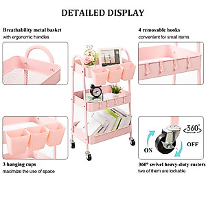 danpinera 3-Tier Rolling Cart, Metal Rolling Storage Cart with Lockable Wheels & Hanging Cups & Hooks, Mobile Trolley Cart for Kitchen, Bathroom, Office, Workshop, Pink