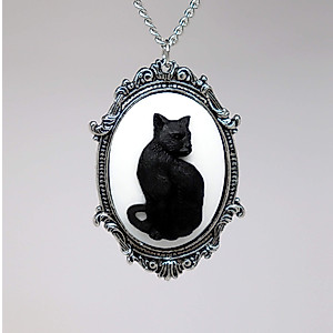 Real Metal Black Cat Cameo in Antique Silver Finish Pewter Frame Pendant Necklace