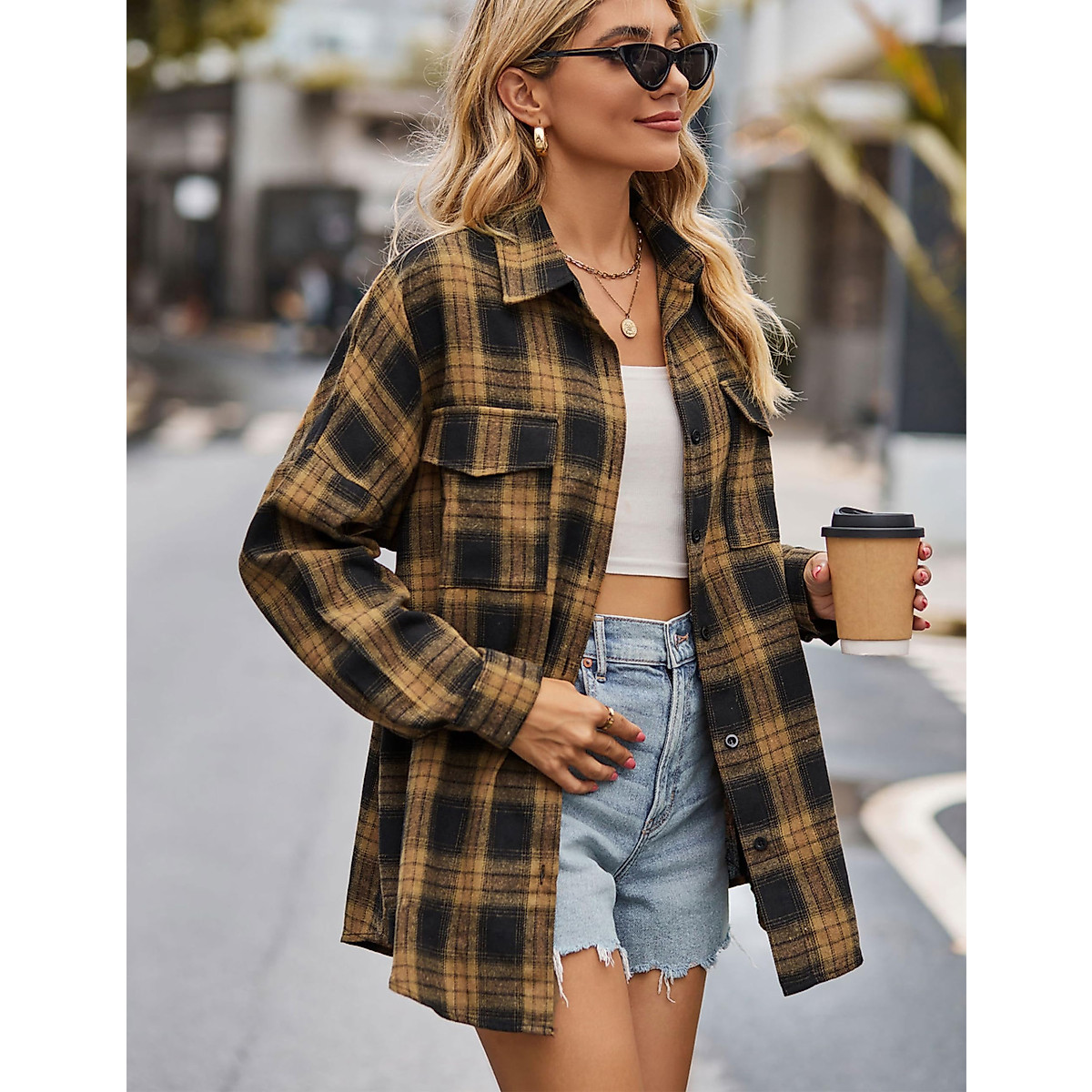 Zontroldy Womens Flannel Plaid Shirts Oversized Lightweight Buffalo Plaid Button Down Shirt Blouse Tops (0355-02Brown-S)