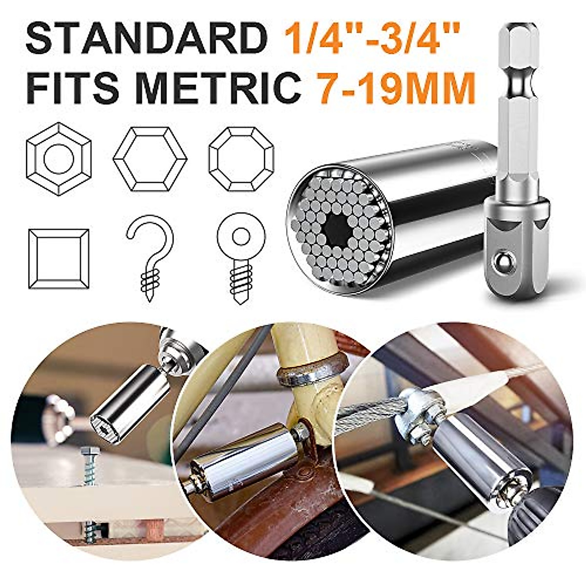 Super Universal Socket Tools Gifts for Men - Christmas Stocking Stuffers for Men Socket Set with Power Drill Adapter Grip Socket Cool Gadgets for Men Birthday Gifts for Dad Men Women Husband (7-19mm)