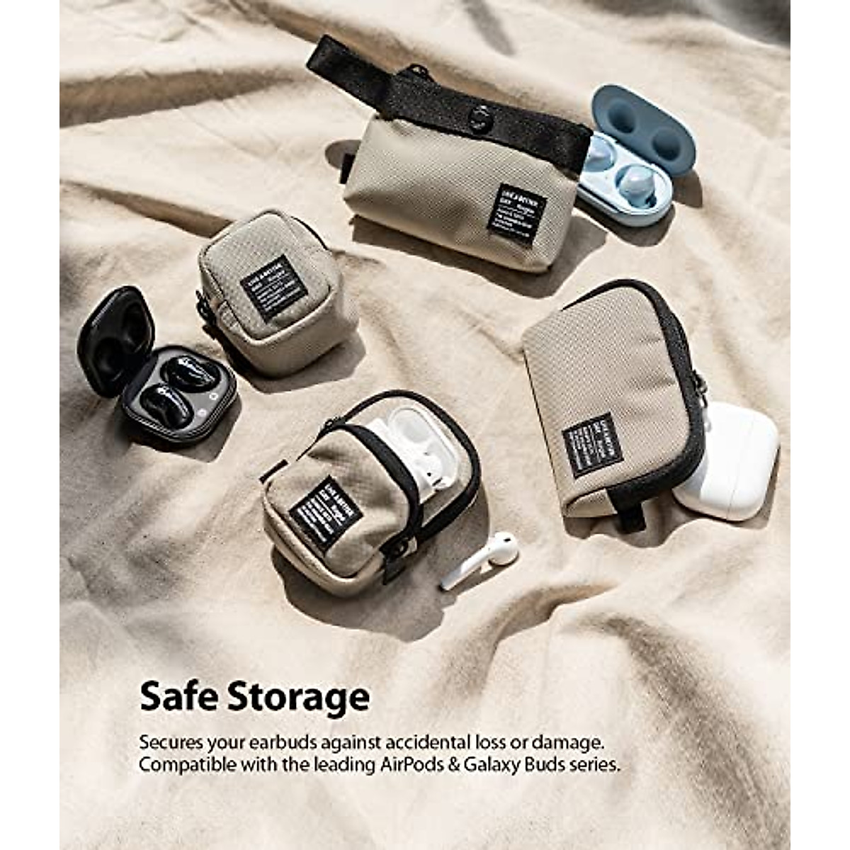 Ringke Mini Pouch Two Pocket, Small Bag for Universal Wireless Ear Buds, Durable Waterproof Keychain Accessories Compatible with AirPods Pro 2nd Generation and AirPods 4 Case - Beige