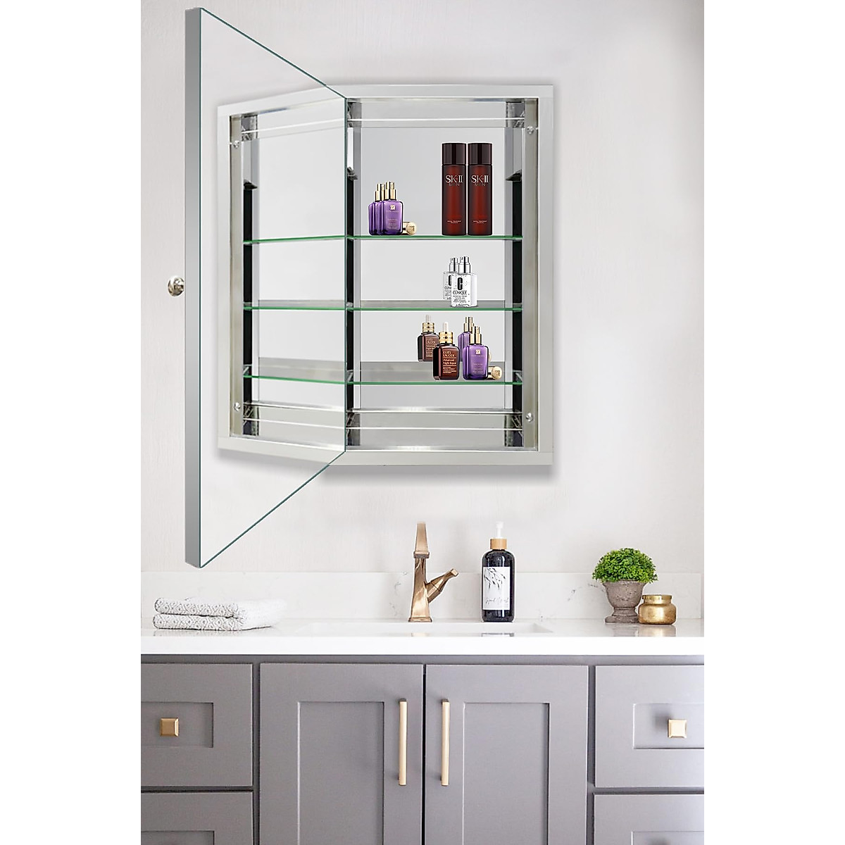 FOMAYKO Stainless Steel Medicine Cabinet with Mirror - Wall Mounted Bathroom Storage Organizer, Rust-Resistant Metal Mirror Cabinet for Vanity, Adjustable Shelves, 15x25 Inch