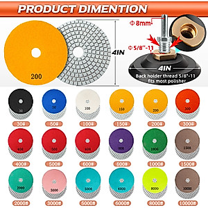 AMZKONIG 20 Pack 4 Inch Diamond Polishing Pads with 5/8’’-11 Backer Pad, 18PCS Wet/Dry Polish Pad Kit for Drill Grinder Polisher, 30-10000 Grit Polishing Pad for Granite Marble Concrete Stone Quartz