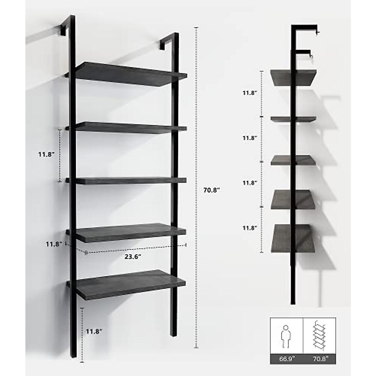 DKLGG 5-Tier Book Shelf Rack Against The Wall, Tall Ladder Shelf Wooden Bookcase Metal Frame Storage Plant and Flower, Single Standing Bookshelf Ladder ​for Living Room, Bedroom, Balcony, Home Office